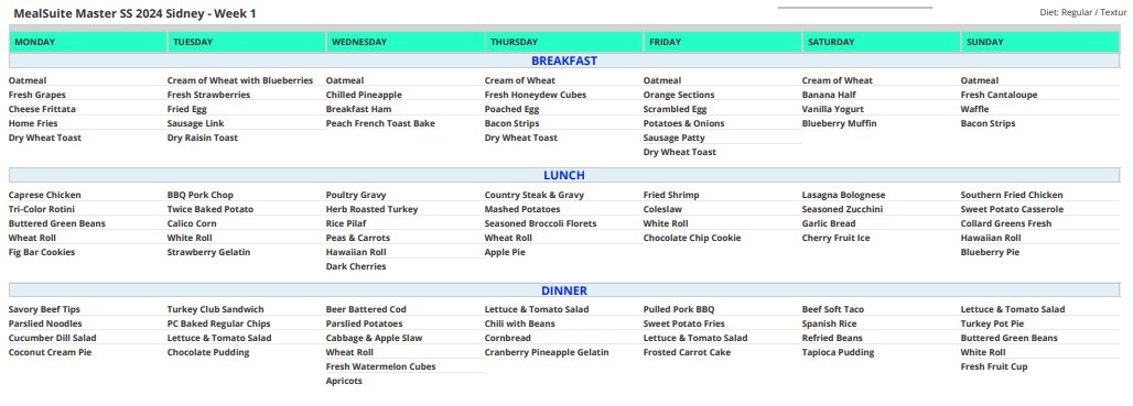 Menus and Meal Times