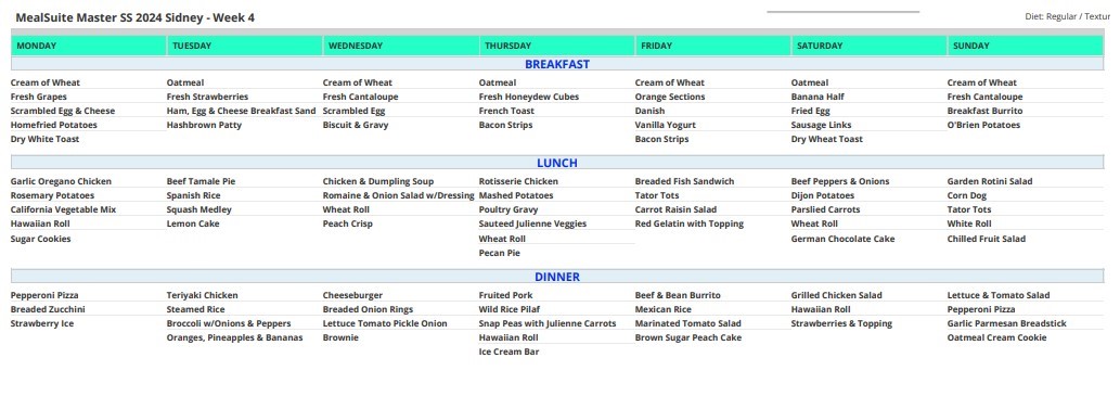 Menus and Meal Times